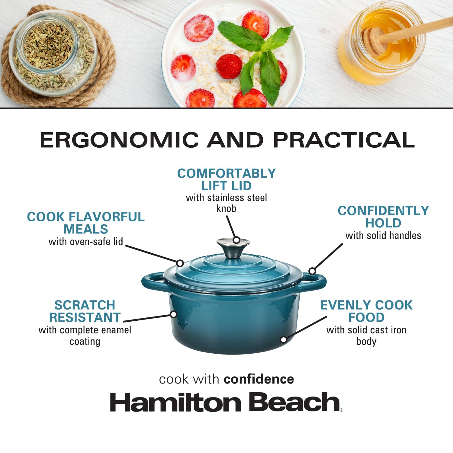 Hamilton Beach Enameled Cast Iron Dutch Oven Navy (3-Quart) | Cream Enamel Coating Dutch Oven Pot with Lid | Cast Iron Dutch Oven with Even Heat Distribution | Easy Grip to Handles & Multipurpose