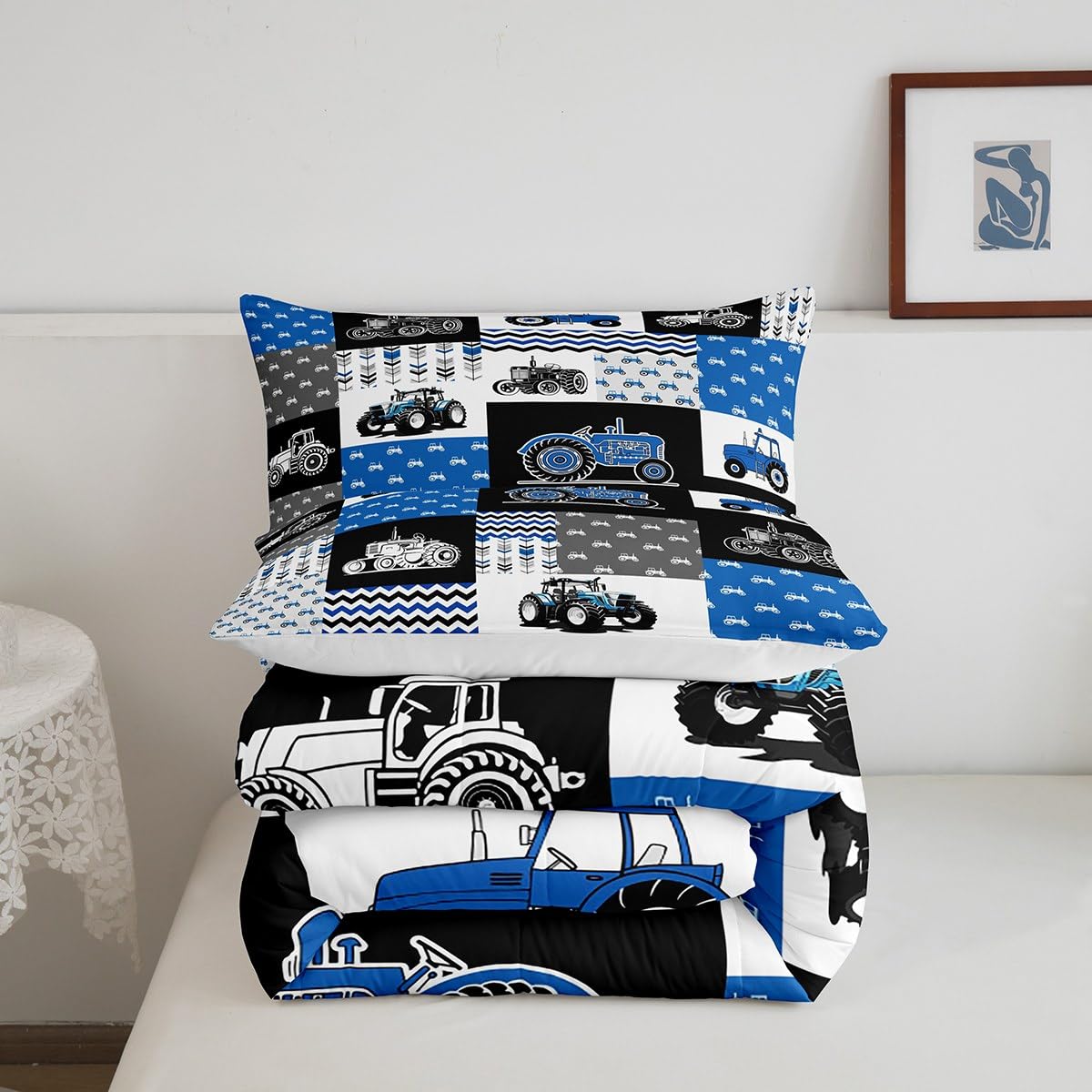 Farm Truck Full Size Comforter Set,Cartoon Car Bedding Set for Adults Teens,Children Blue Gray White Comforter Luxury Geometric Grid Quilt Set Room Decor 3Pcs