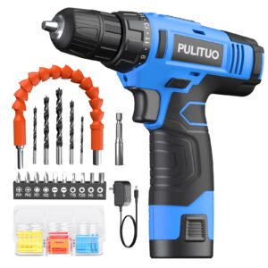 pulituo 12v blue cordless drill set power drill kit with battery and charger,electric drill home improvement,3/8-inch keyless chuck,built-in led,21+1 torque setting small drill