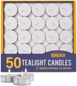 rokeach unscented tea lights candles, (50 count) 4.5 hours | votives small candles, long lasting tea lights | bulk for shabbat, home, events, holidays, pool side decor, weddings and emergencies