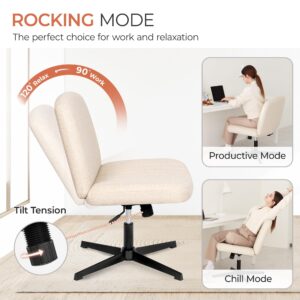 Orange Factory Cross Legged Office Desk Chair No Wheels Fabric Padded Modern Swivel Height Adjustable Wide Seat Computer Task Vanity Chair for Home Office Mid Back Accent Chair (Beige)