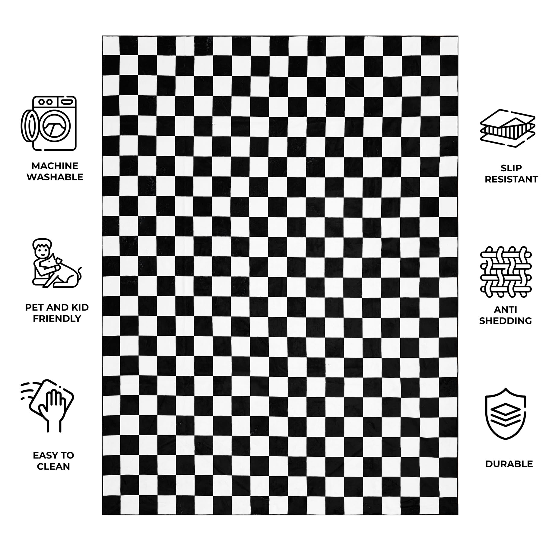 Casanta Living Machine Washable Rug - Checkered Rug - Soft Rug for Livingroom, Bedroom, Playroom, Kitchen or Nursery - Black White - 8x10