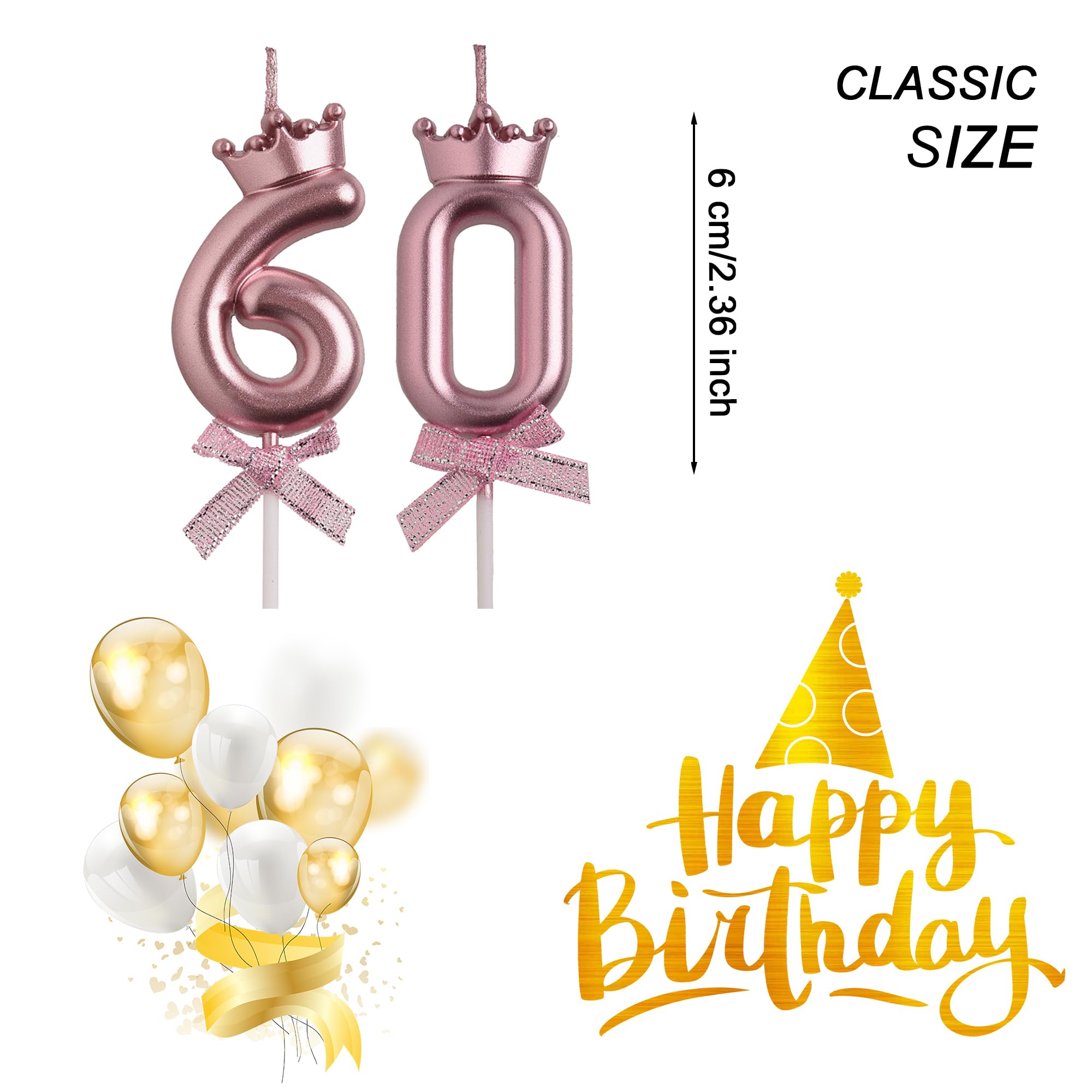 AOOLADA 60th Birthday Candles, Rose Gold 60 Year Old Number Birthday Candles, Number 60 Candles for Men Women, Birthday Party Decorations Cake Topper Gifts for Wedding Anniversary Celebration