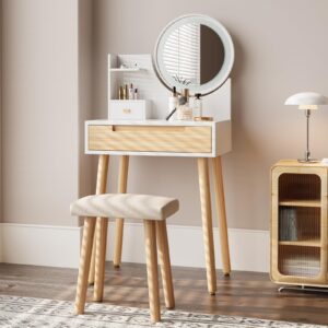 artethys small vanity desk set with 3 adjustable lighted mirror and storage shelf white tiny vanity table with drawer for bedroom 24 inch makeup vanity compact dressing table for small space