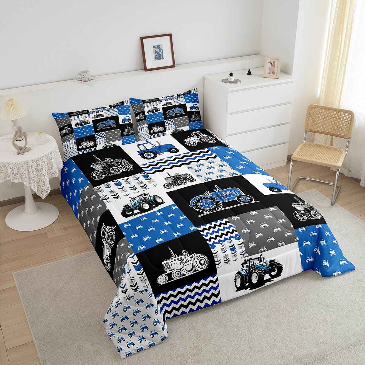 Farm Truck Full Size Comforter Set,Cartoon Car Bedding Set for Adults Teens,Children Blue Gray White Comforter Luxury Geometric Grid Quilt Set Room Decor 3Pcs