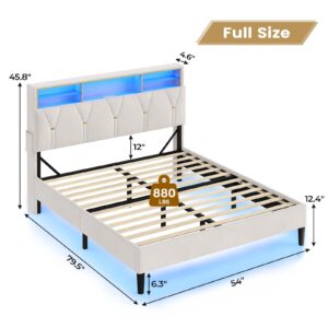 BTHFST Full Size Bed Frame with Headboard Storage & LED Lights, Platform Bed Frame Full Size with Charging Station, Velvet Upholstered Bed with Shelf Headboard, No Box Spring Needed, Creamy White