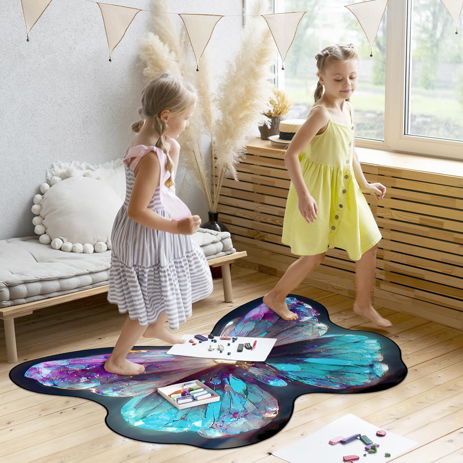 Lacut Butterfly Area Rugs, 60"x 40" Non-Slip Rug for Girls Bedroom, Blue Butterfly Carpet Floor Mat for Play Room Game Area Dorm Entryway Home Decor (Butterfly 3, 60" x 40")