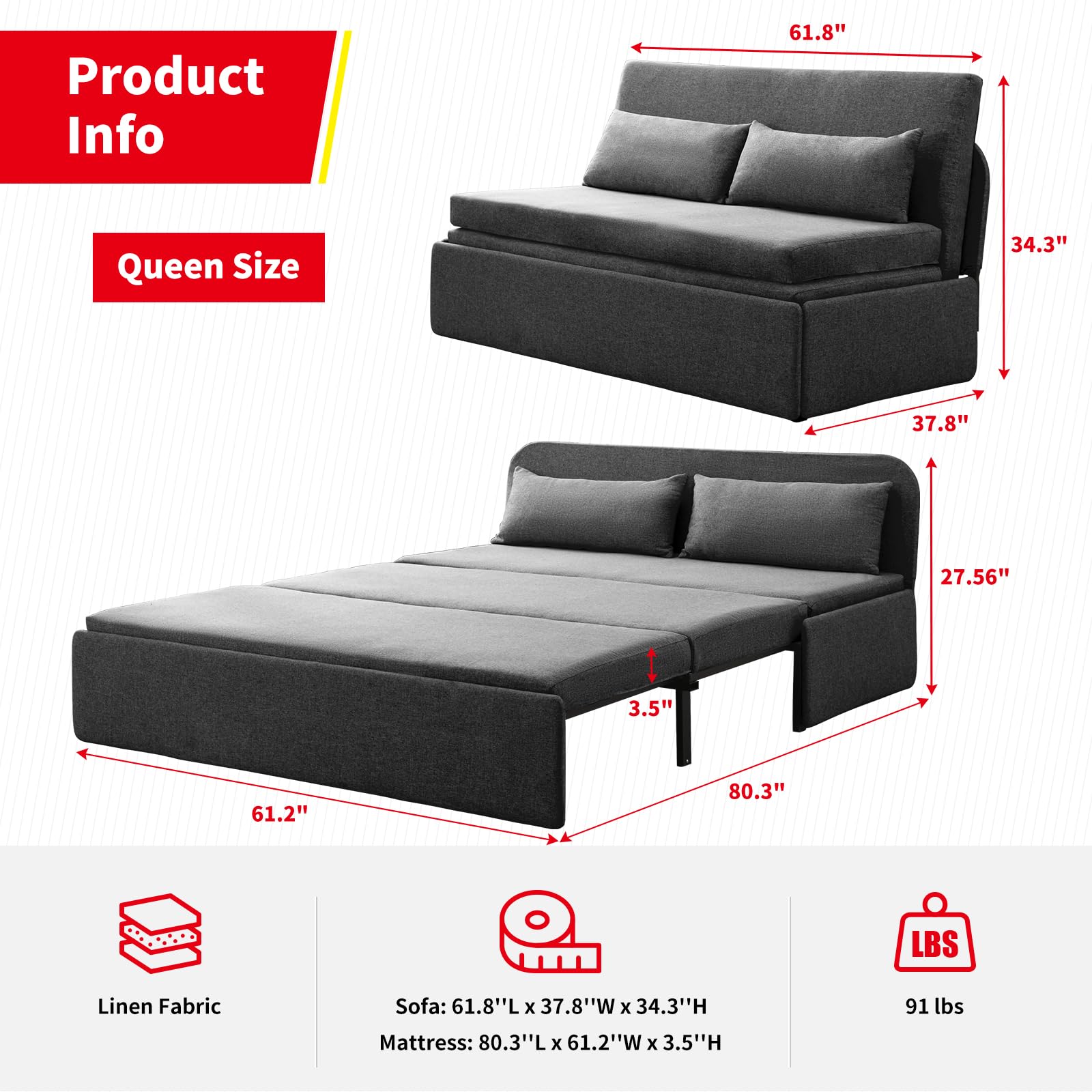 PUREMIND Queen Size Pull Out Sofa Bed, Linen Convertible Sleeper Sofa with Foldable Mattress, Loveseat Pullout Couch Bed with 2 Cushion for Small Place, Apartment, Office - Dark Gray