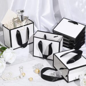 Yeaqee 50 Pcs Mini Gift Bags with Handles Small Christmas Gift Bags Metallic Foil Paper 4x4.75x2.25'' Extra Small Thank You Gift Bags Bulk with Tag for Christmas Birthday Party Wedding(White, Black)