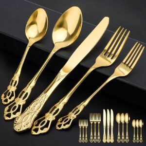 20 piece silverware set service for 4,premium stainless steel flatware set,mirror polished cutlery utensil set,durable home kitchen eating tableware set (golden)