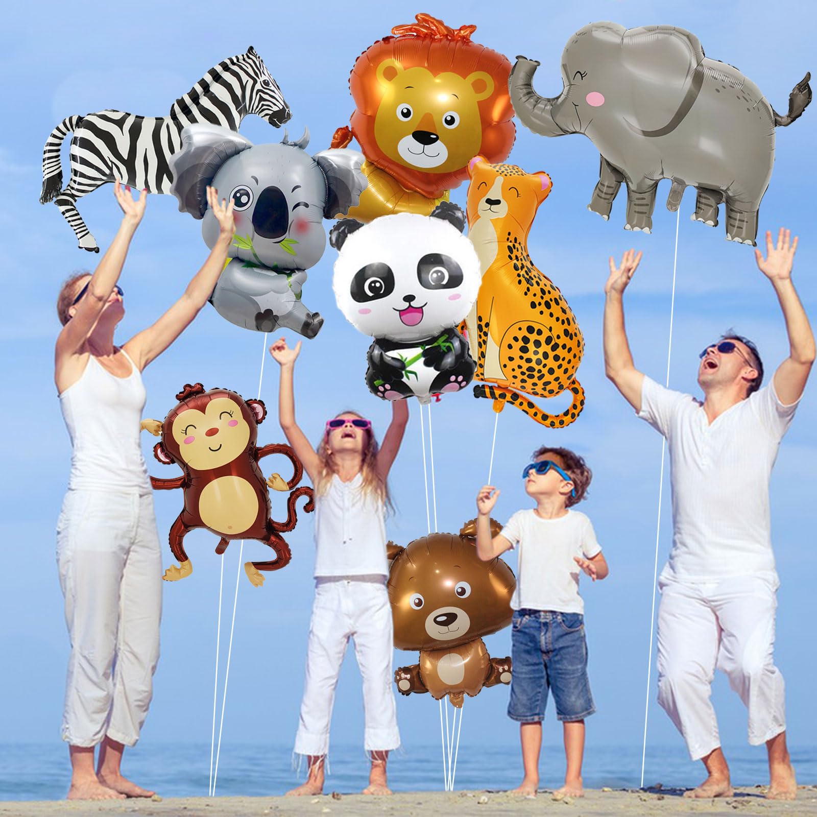 8 Pcs Safari Animal Balloons Jungle Safari Birthday Party Decorations Giant Elephant Lion Monkey Panda Zebra Animal Foil Balloons Safari Balloons for Boys Wild One Baby Shower Zoo Party Decorations