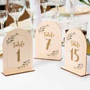 giftormous table numbers for wedding reception - 5x7 inch double-sided arch wedding table number sign 1-15, with wooden base for party table centerpiece decoration