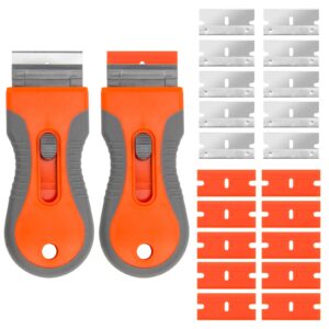 2 pcs razor blade scraper, glass scraper scraping tool with 20pcs steel & plastic extra blades for removing stickers, papers, food residue, paint, glue from oven, window (orange)