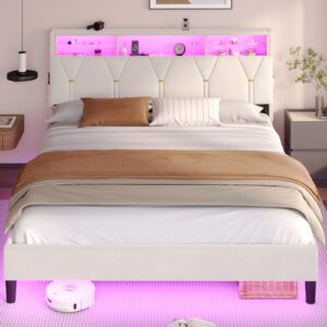 BTHFST Full Size Bed Frame with Headboard Storage & LED Lights, Platform Bed Frame Full Size with Charging Station, Velvet Upholstered Bed with Shelf Headboard, No Box Spring Needed, Creamy White