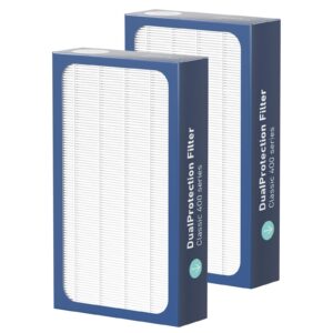 classic 400 series dualprotection filter replacement compatible with blueair classic 400 series air cleaner purifiers, 480i, 402, 403, 405, 410, 450e, 455eb, hepa filter with activated carbon, 2 pack