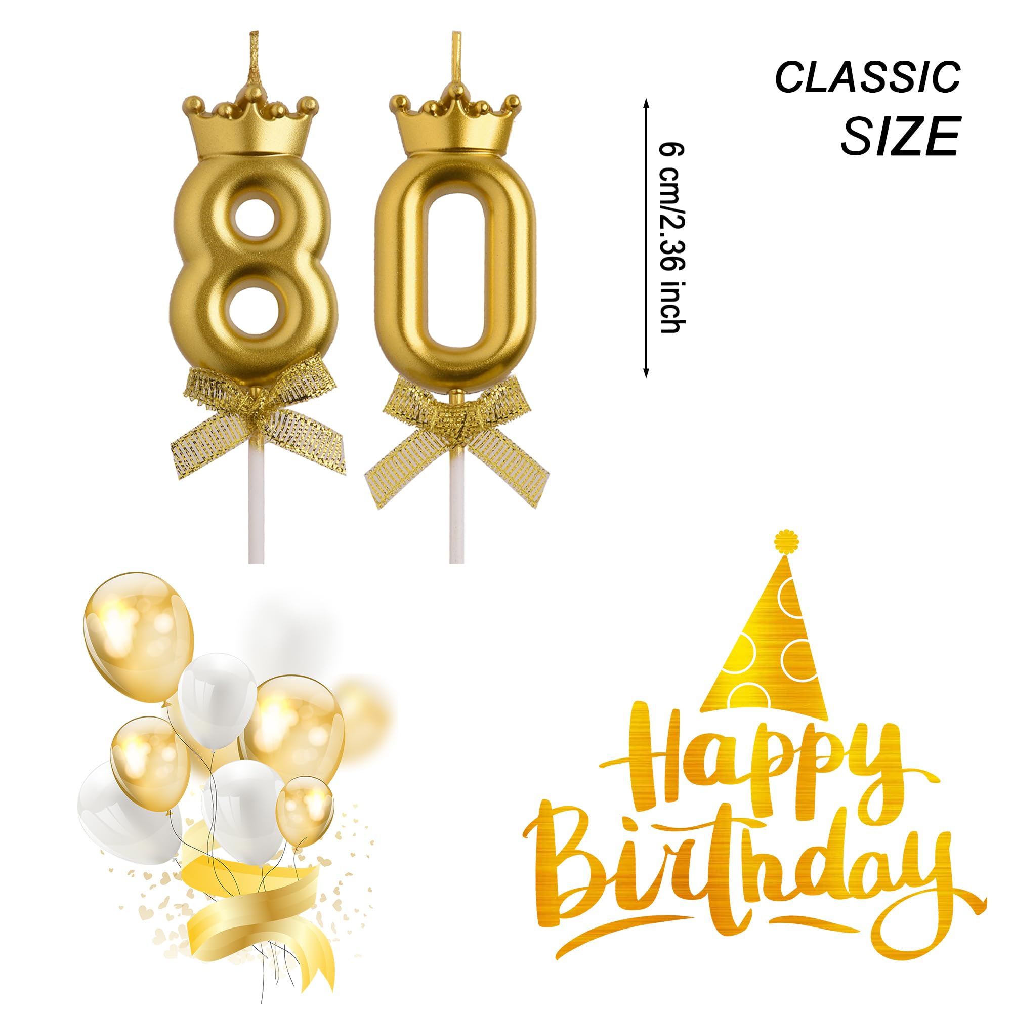 AOOLADA 80th Birthday Candles, Gold 80 Year Old Number Birthday Candles, Number 80 Candles for Men Women, Happy Birthday Party Decorations Cake Topper Gifts for Wedding Anniversary Celebration