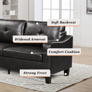 EBELLO Upholstered 3-seat Faux Leather Sofa Couch, Modern Loveseat Sofa, Wood Frame and Sturdy Legs for Living Room Bedroom Office, Black