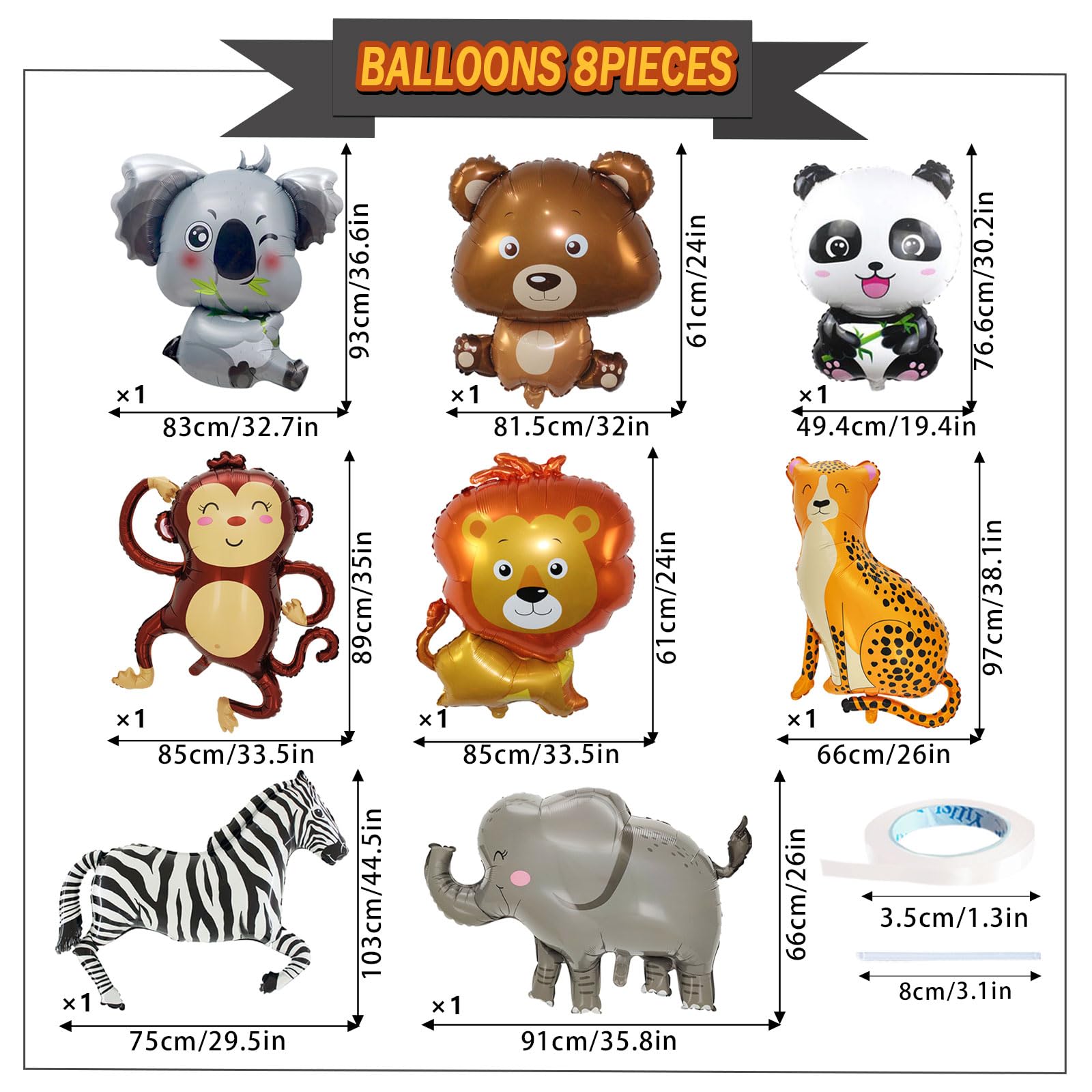 8 Pcs Safari Animal Balloons Jungle Safari Birthday Party Decorations Giant Elephant Lion Monkey Panda Zebra Animal Foil Balloons Safari Balloons for Boys Wild One Baby Shower Zoo Party Decorations