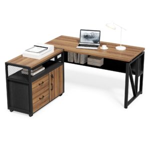 little tree 55" executive computer desk and lateral file cabinet, l-shaped office desk with storage for home office, study writing workstation, walnut + black