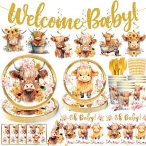 yingoto 148pcs brown cow baby shower decorations tableware set for 20 guests, cowboy cowgirl baby shower includes brown cow glitter banner hanging swirls plates napkins cup fork straw and tablecloth