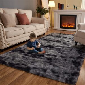 arbosofe rugs for living room, area rug for bedroom, 8 x 10 clearance tie black and grey nursery room rug, large throw for playroom room- soft, fluffy, shaggy carpets for kids room girls