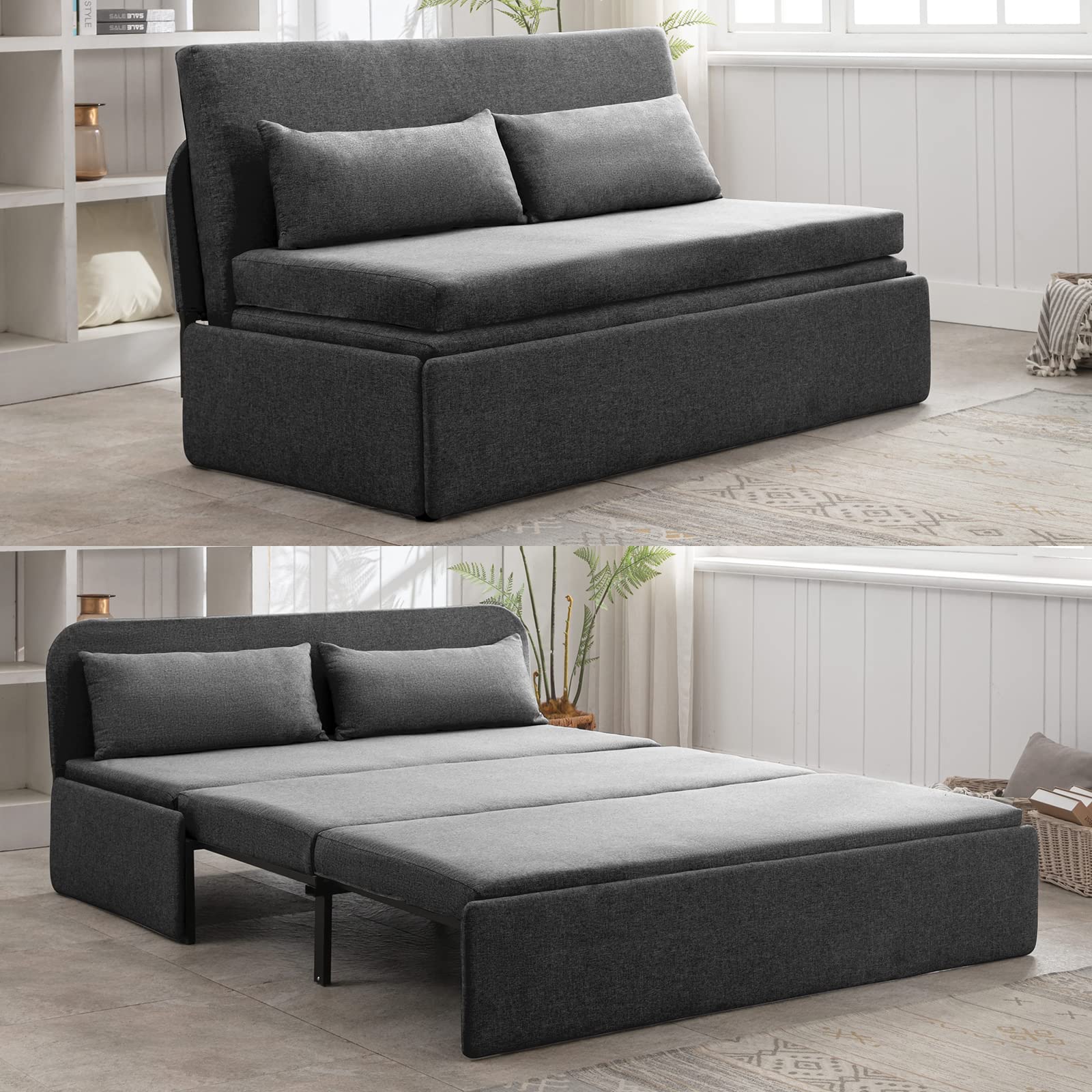 PUREMIND Queen Size Pull Out Sofa Bed, Linen Convertible Sleeper Sofa with Foldable Mattress, Loveseat Pullout Couch Bed with 2 Cushion for Small Place, Apartment, Office - Dark Gray