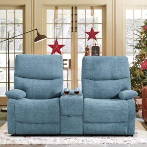 pallome loveseat recliner sofa, reclining couch, manual recliner loveseat with console, double recliner rv sofa with cup holders and side pocket for living room/office/apartment (fabric-blue)