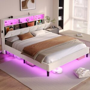 bthfst full size bed frame with headboard storage & led lights, platform bed frame full size with charging station, velvet upholstered bed with shelf headboard, no box spring needed, creamy white