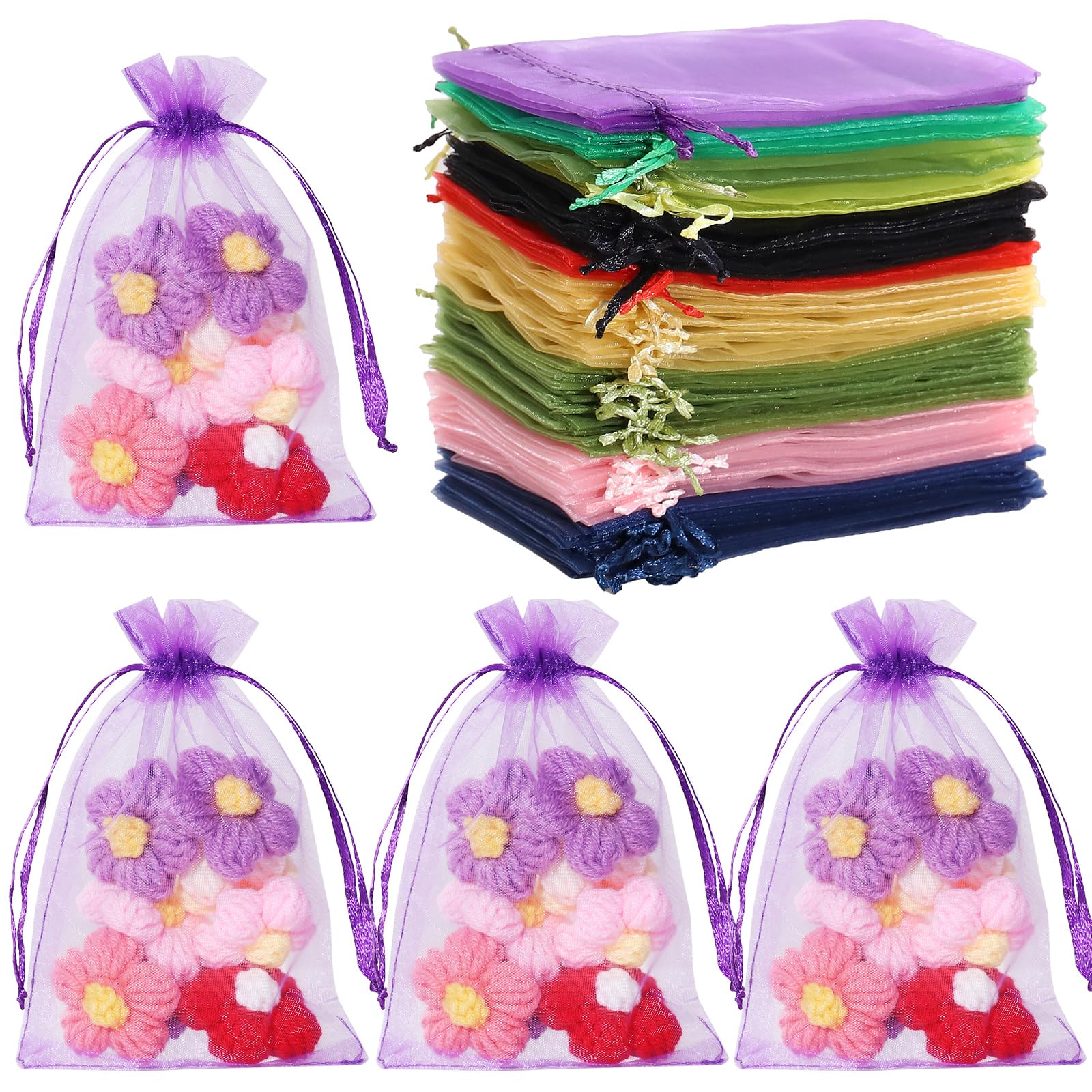 Hopttreely 50pcs Organza Bags, Mixed color 4x4.72(10x12cm) Wedding Party Favor Gift Bag, Satin Drawstring Organza Pouch Jewelry Watch Bags, Mesh Gift Pouches Mini Candy Bags