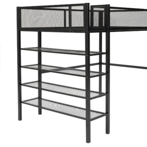 Bellemave Twin Size Metal Loft Bed with 4-Tier Shelves and Storage, Loft Bed with Bookshelf (Black)