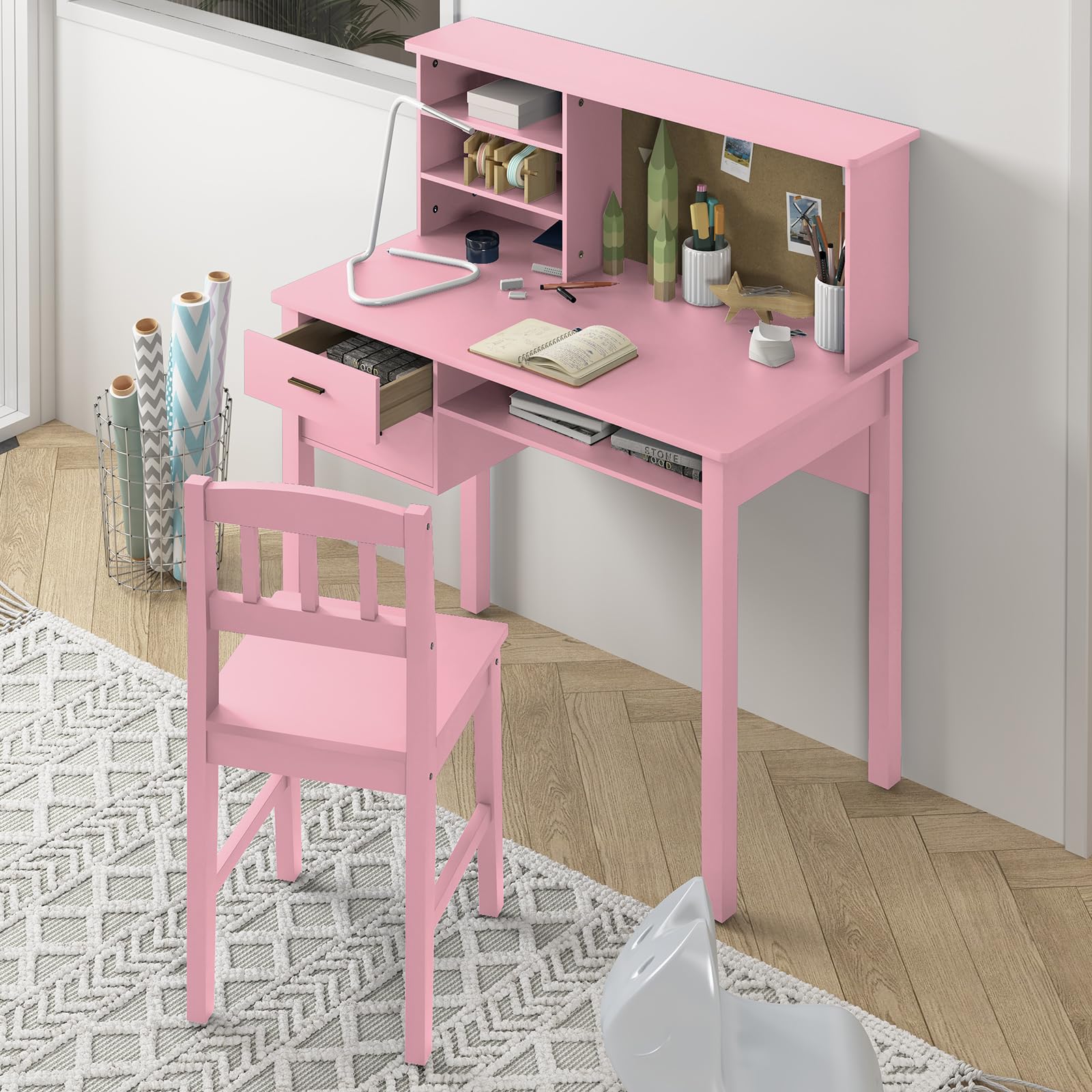 BALUS Kids Desk & Chair Set, Children’s Desk for Bedroom with Drawer for Storage, Kids Craft Table, Study Table for Writing Reading Painting for Boys Girls 7-14 Year Old - Pink