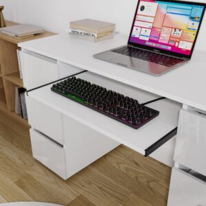 Furnicare Computer Desk with Storage Shelf and 6 Drawers, 47 inch Writing Home Office Workstation, Modern Work Study Writing Table Desk, Wood PC Laptop Desk, Desk for Bedroom, White