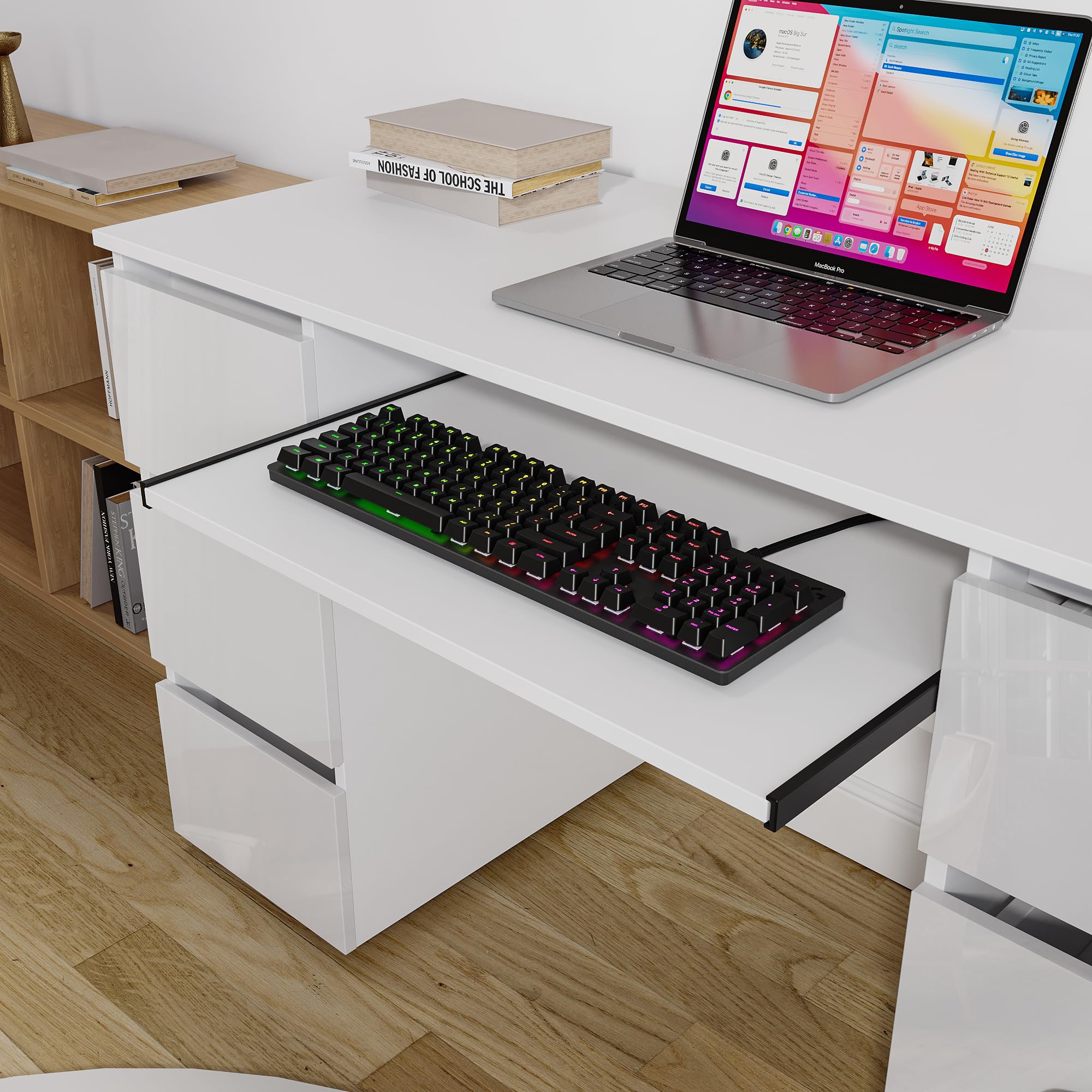 Furnicare Computer Desk with Storage Shelf and 6 Drawers, 47 inch Writing Home Office Workstation, Modern Work Study Writing Table Desk, Wood PC Laptop Desk, Desk for Bedroom, White