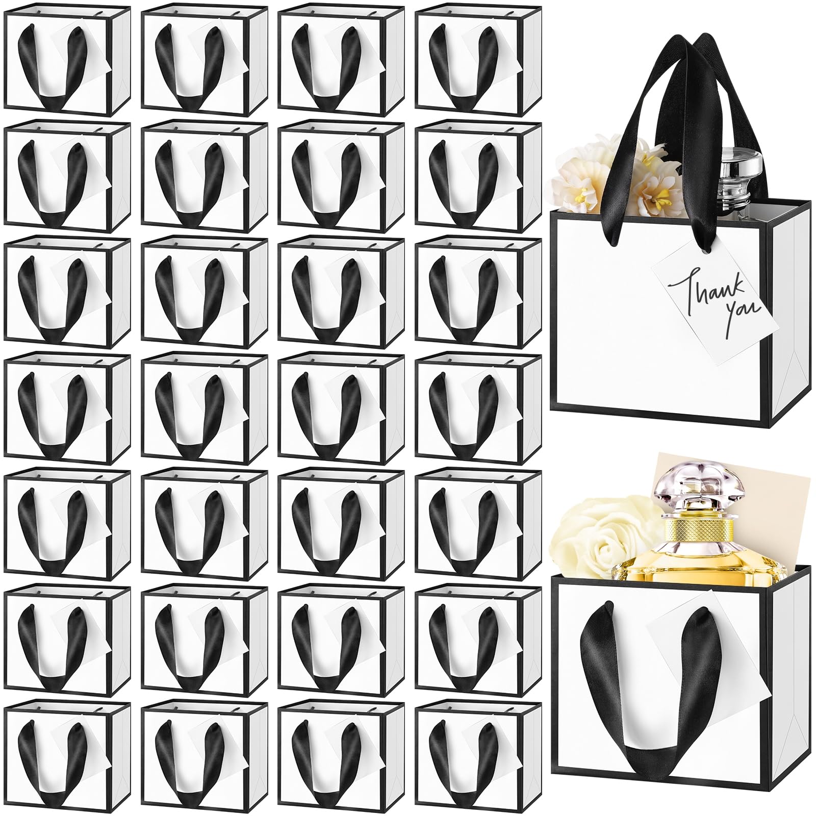 Yeaqee 50 Pcs Mini Gift Bags with Handles Small Christmas Gift Bags Metallic Foil Paper 4x4.75x2.25'' Extra Small Thank You Gift Bags Bulk with Tag for Christmas Birthday Party Wedding(White, Black)