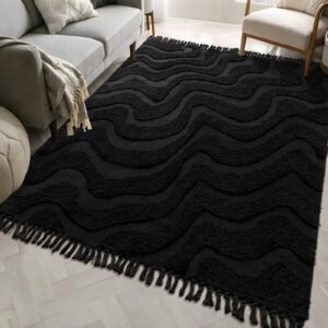 Castage Black Rug 4’x6’ Rugs for Bedroom Living Room Dining Room Office Boho Washable Area Rugs Large Neutral Floor Carpet Modern Farmhouse Tufted Woven Geometric Throw Rugs with Tassel