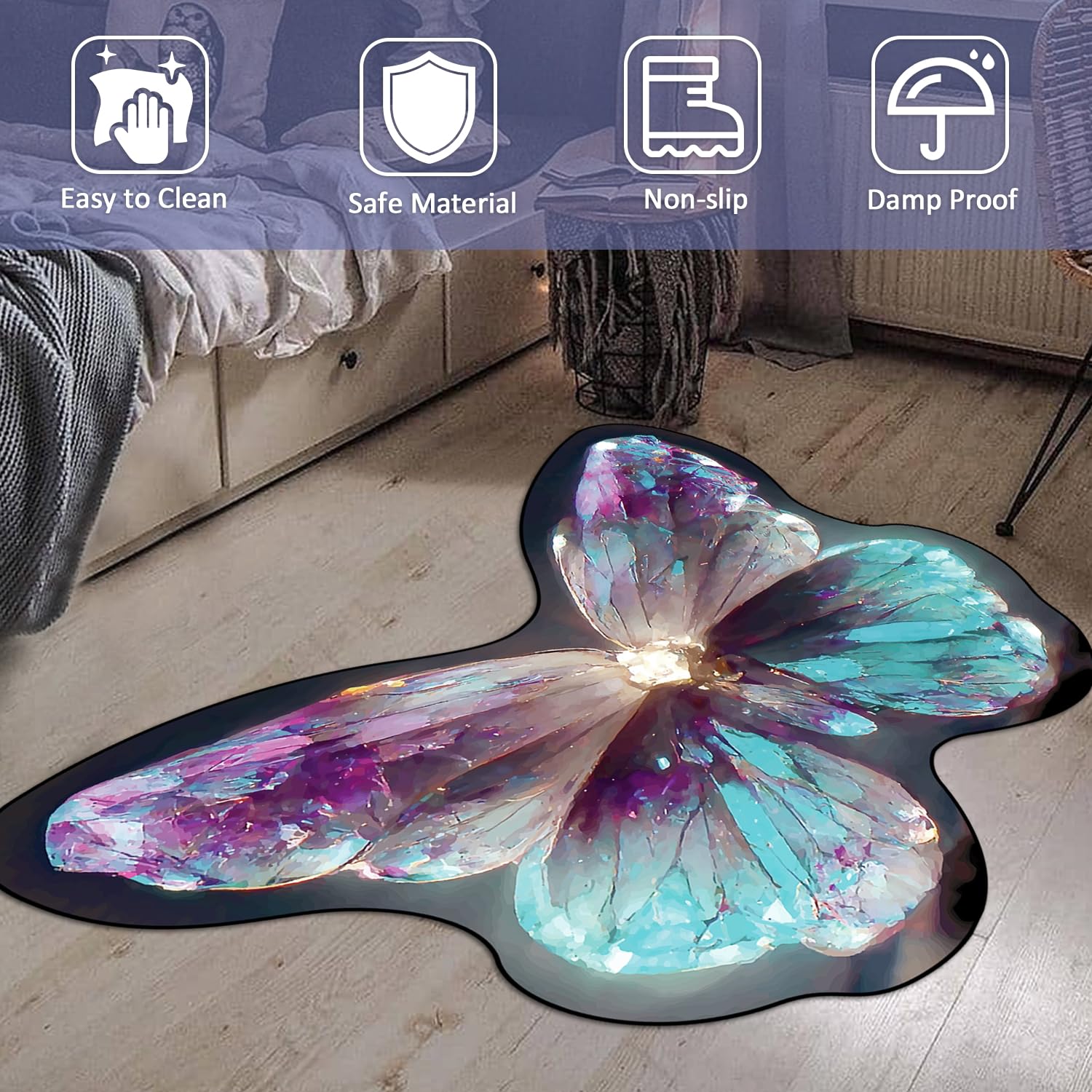 Lacut Butterfly Area Rugs, 60"x 40" Non-Slip Rug for Girls Bedroom, Blue Butterfly Carpet Floor Mat for Play Room Game Area Dorm Entryway Home Decor (Butterfly 3, 60" x 40")