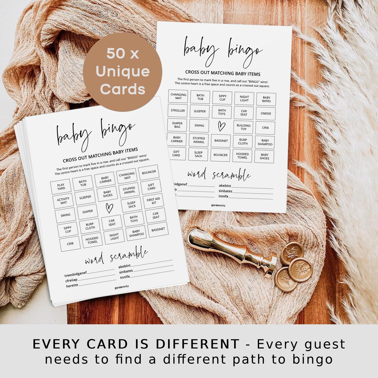 Baby Shower Bingo Game (50 Unique Cards), Pre-Filled, Baby Shower Games, Added Word Scramble (Minimalist)