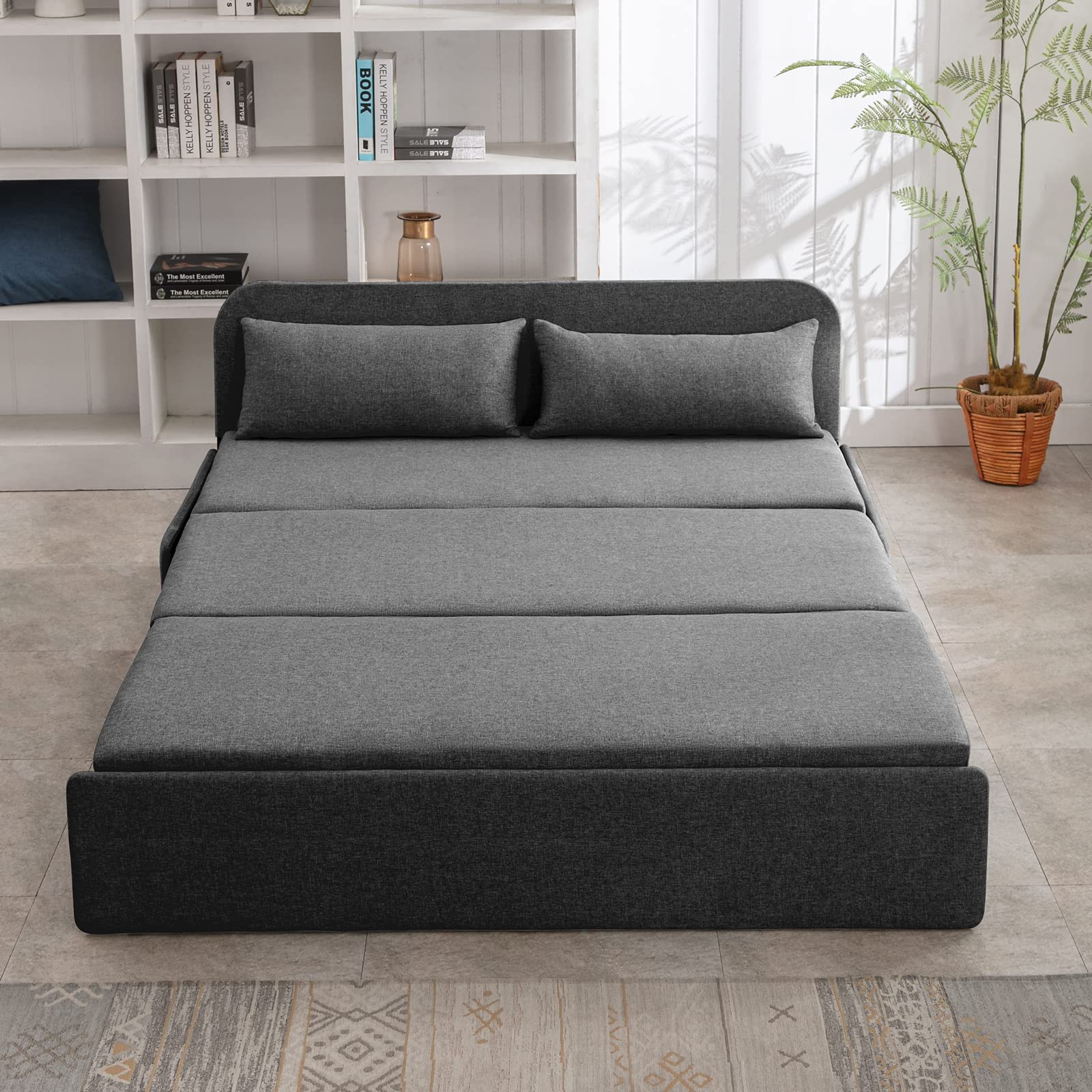 PUREMIND Queen Size Pull Out Sofa Bed, Linen Convertible Sleeper Sofa with Foldable Mattress, Loveseat Pullout Couch Bed with 2 Cushion for Small Place, Apartment, Office - Dark Gray