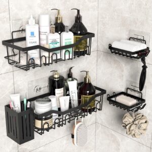 lephyon shower caddy 5 pack | no drilling shower organizer for bathroom with black basket | rustproof shower shelf | large capacity shower rack | stronger adhensive shower shelves for tile wall