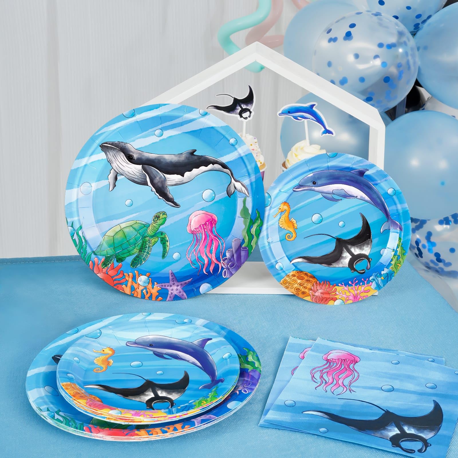 WERNNSAI Ocean Party Plates and Napkins Set - 48 Pcs Ocean Theme Party Decorations for Boys Kids Under the Sea Party Tableware Set for 16 Guests Sea Animal Underwater Birthday Baby Shower Party