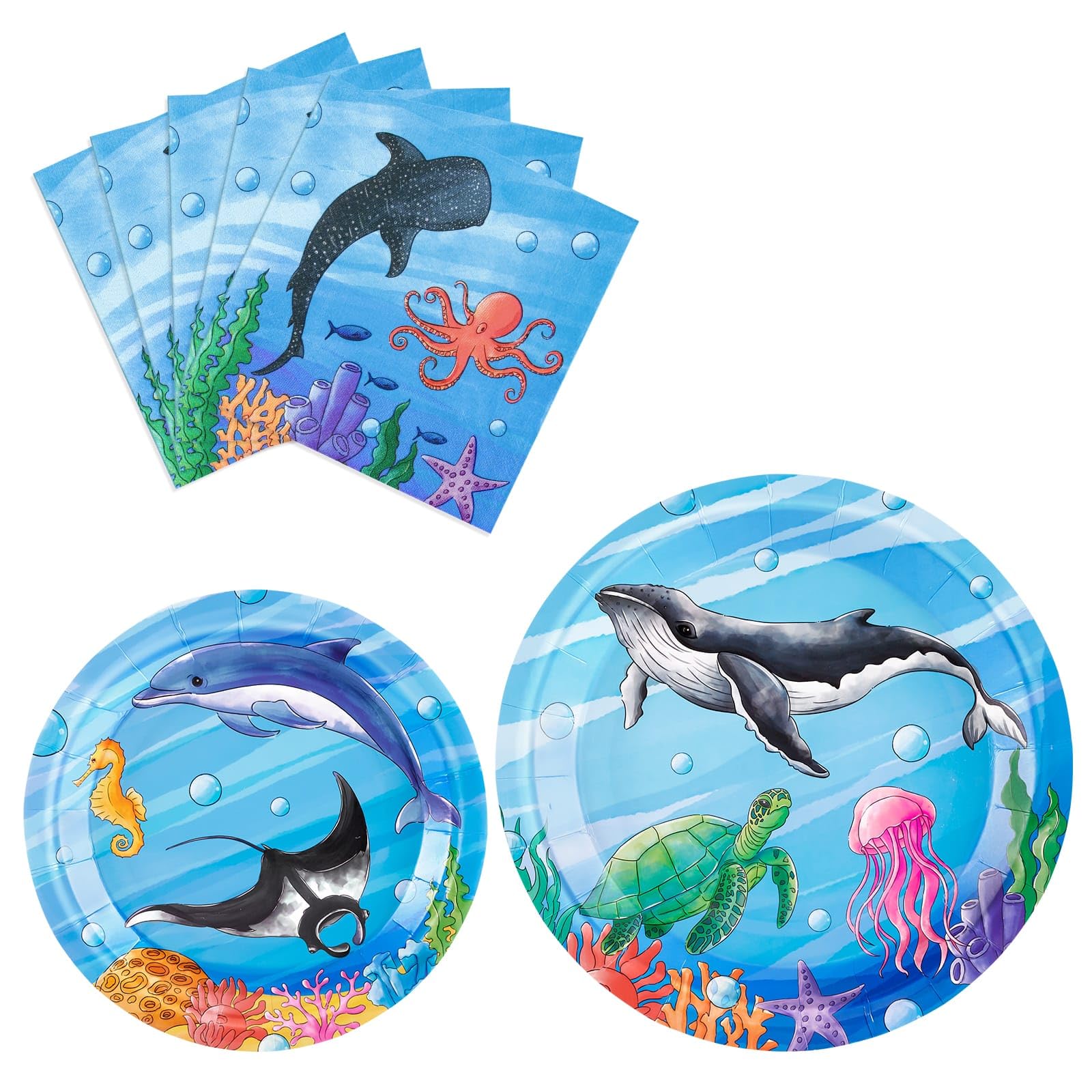 WERNNSAI Ocean Party Plates and Napkins Set - 48 Pcs Ocean Theme Party Decorations for Boys Kids Under the Sea Party Tableware Set for 16 Guests Sea Animal Underwater Birthday Baby Shower Party