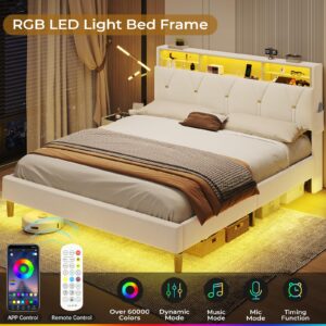 BTHFST Full Size Bed Frame with Headboard Storage & LED Lights, Platform Bed Frame Full Size with Charging Station, Velvet Upholstered Bed with Shelf Headboard, No Box Spring Needed, Creamy White