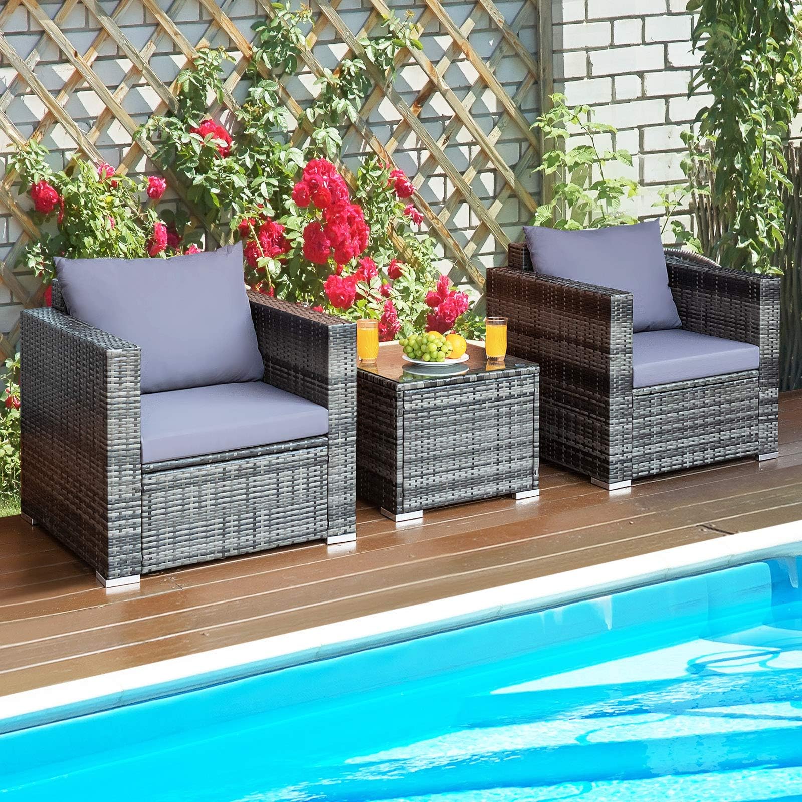 HAPPYGRILL 3 Pieces Patio Conversation Set, Outdoor Rattan Wicker Sofa Set with Coffee Table, Patio Furniture Set with Soft Cushions for Balcony Porch Backyard Garden