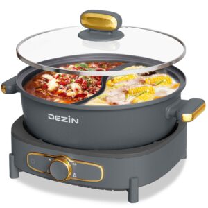 dezin hot pot electric with divider, 5l double-flavor shabu shabu pot, dual sided removable non-stick hotpot pot electric, 3" depth chinese hot pot with multi-power control, 2 silicone ladles included