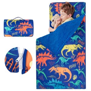 toddler nap mat extra large 55‘’*29‘’ for 2-7 years, cotton daycare nap mats with removable minky blanket and pillow, boys sleeping mat nap mat for preschool kindergarten, sleeping bag blue dinosaur