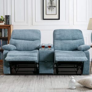 PALLOME Loveseat Recliner Sofa, Reclining Couch, Manual Recliner Loveseat with Console, Double Recliner RV Sofa with Cup Holders and Side Pocket for Living Room/Office/Apartment (Fabric-Blue)