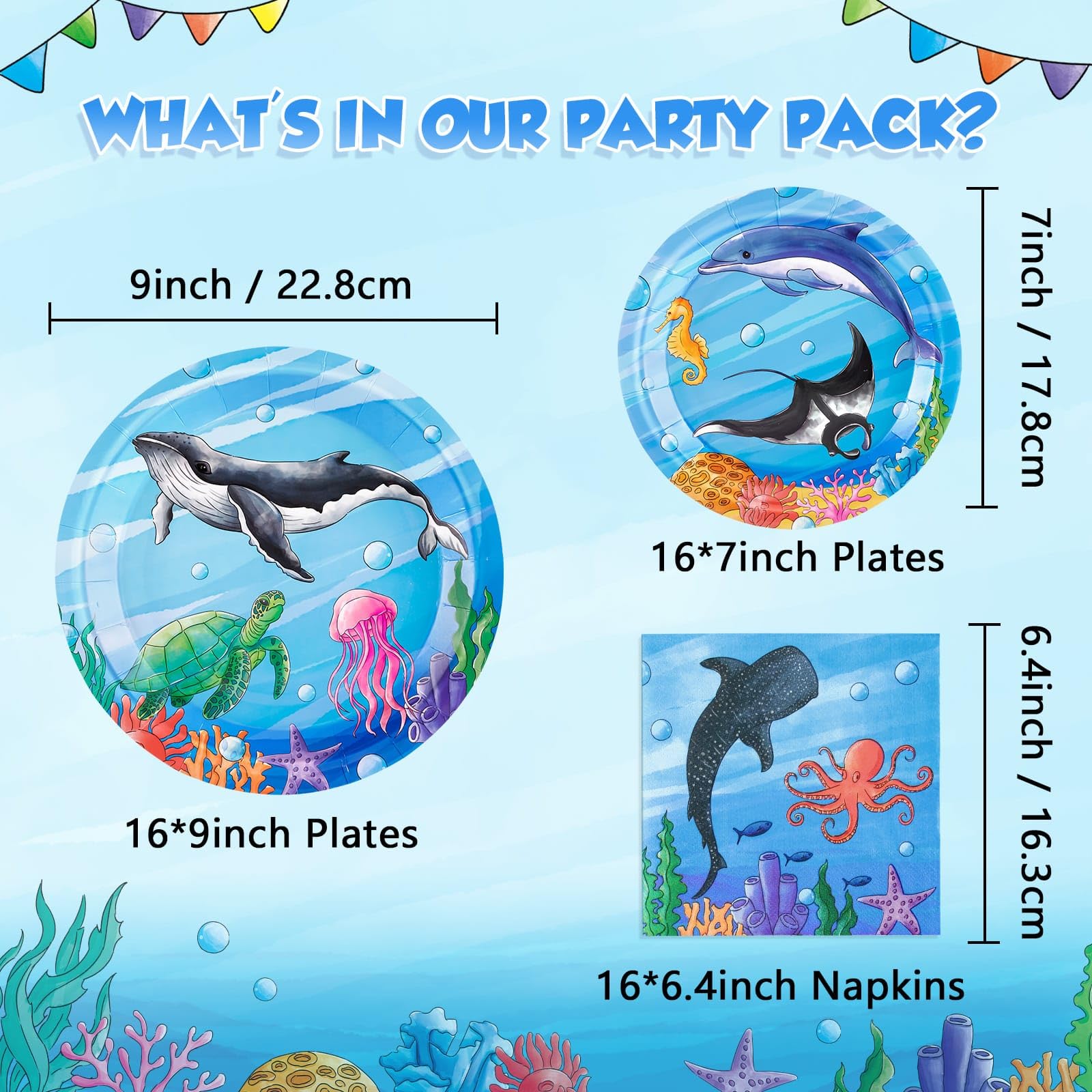 WERNNSAI Ocean Party Plates and Napkins Set - 48 Pcs Ocean Theme Party Decorations for Boys Kids Under the Sea Party Tableware Set for 16 Guests Sea Animal Underwater Birthday Baby Shower Party