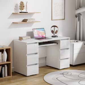 furnicare computer desk with storage shelf and 6 drawers, 47 inch writing home office workstation, modern work study writing table desk, wood pc laptop desk, desk for bedroom, white