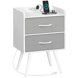 huuger night stand with charger station, nightstand with drawers, bedside table, end table with solid wood feet, white nightstand, side tables for bedroom