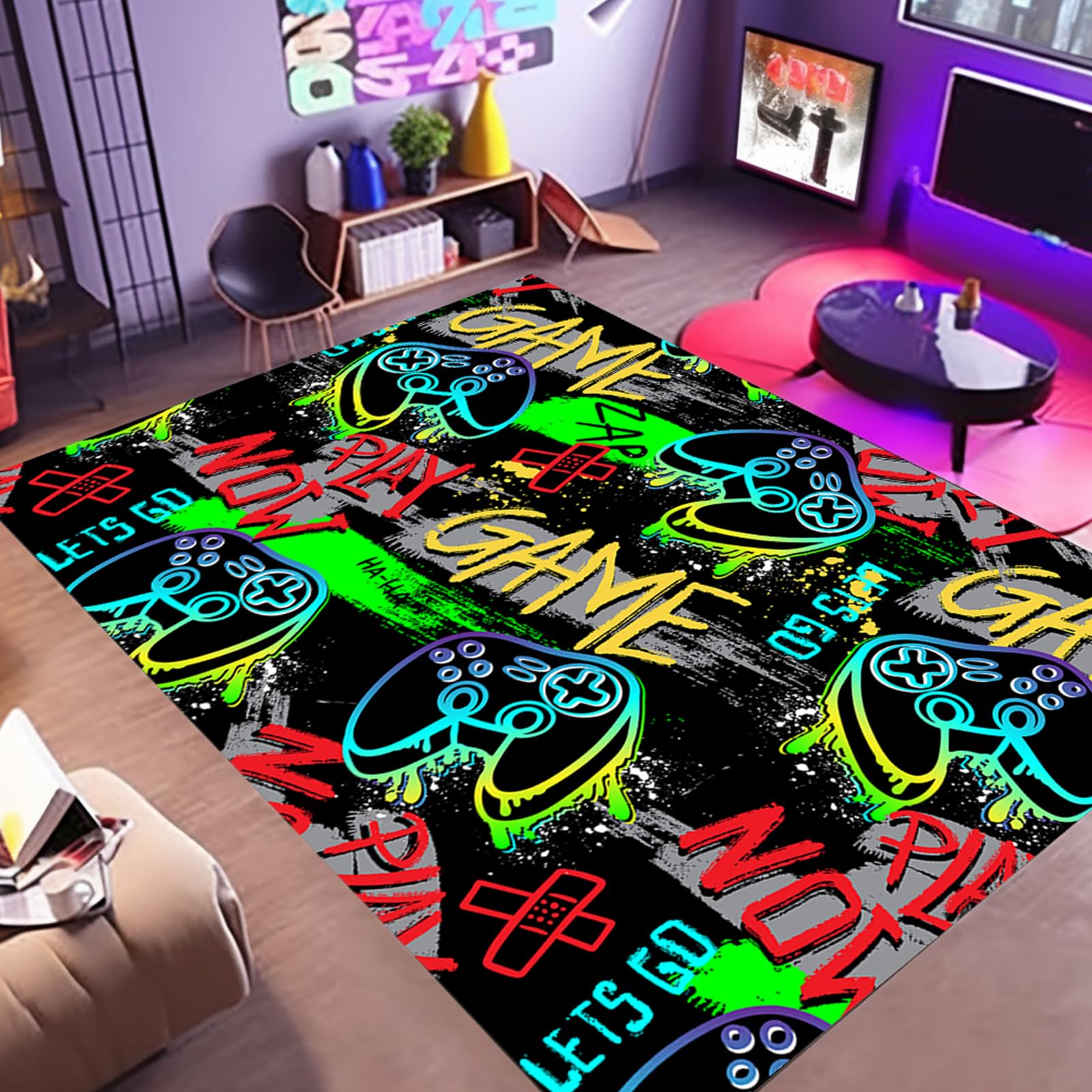 Osimiccp Gamer Rug for Boys Room 5'x7' Non-Slip Gaming Rug,Cool Graffiti Gaming Carpet for Bedroom Living Room Game Room Rug Decor